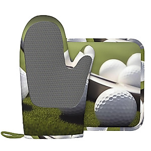 Golf Printed Oven Mitts and Pot Holders Sets Heat Resistant Kitchen Oven Gloves Potholders Set Extra Long Non-Slip Silicone Gloves for Cooking Baking BBQ