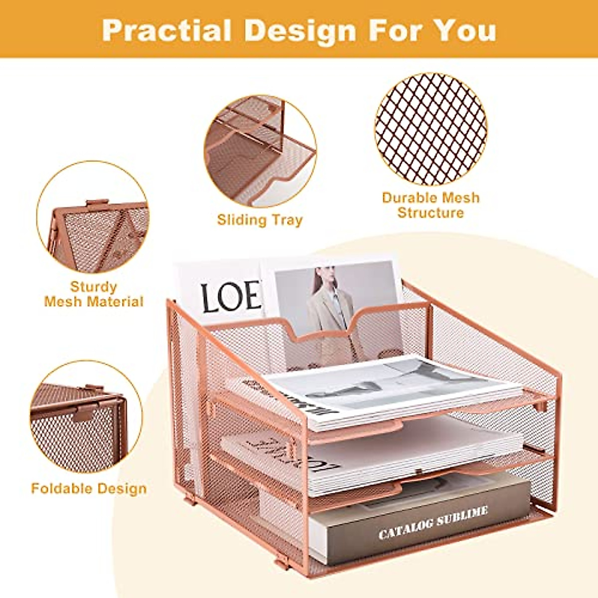 Meshist Rose Gold Desk Accessories Organizer, Desktop File Organzier with 3 Letter Trays and 1 Upright Section, Paper Organizer for Home and Office