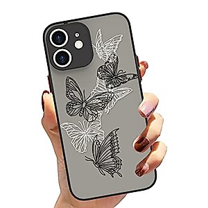 LSL Compatible iPhone 12 Black and White Butterfly Case, Translucent Matte Soft TPU Bumper Case Cute Black and White Butterfly Print Pattern Design Hard PC Back Clear Case 6.1 Inch