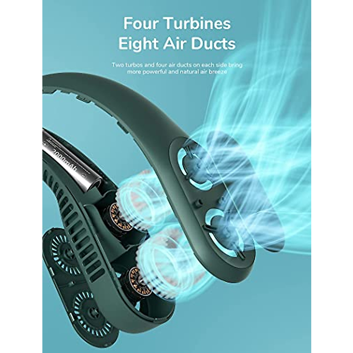 JISULIFE Four Turbo Neck Fan, Upgraded Bladeless Portable Neck Fan with Rechargeable 3 Speeds Wearable Design, Battery Operated Powerful Fan, Personal Hand Free Strong Neck Fan - Green