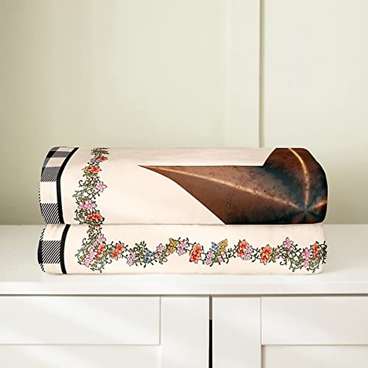 Brown Star Bed Blanket Watercolor Flower Rustic Style Fleece Blanket Warm Soft Black White Buffalo Plaid Flannel Blanket Bed Couch Sofa Living Room Decor,90"X90"