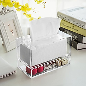 Modern Clear Acrylic Cosmetic Organizer with Pull Out Makeup Storage Drawer with Tissue Box Dispenser - Countertop Bathroom Supplies Holder