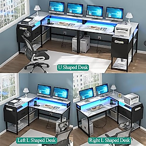 Loomie L Shaped Computer Desk with Power Outlets, 55"x41"D Reversible Corner Desk with LED Light, Drawer & Monitor Stand, Home Office Gaming Desk with 4 Tier Storage Shelves & Bag, White Faux Marble