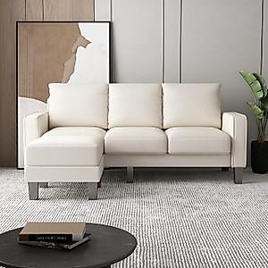Myshle Sectional Sofa Reversible Chaise, 4-Seat Modular Set with Convertible Ottoman, L-Shape Linen Fabric Corner Futon Couches for Living Room Apartment Small Space Beige