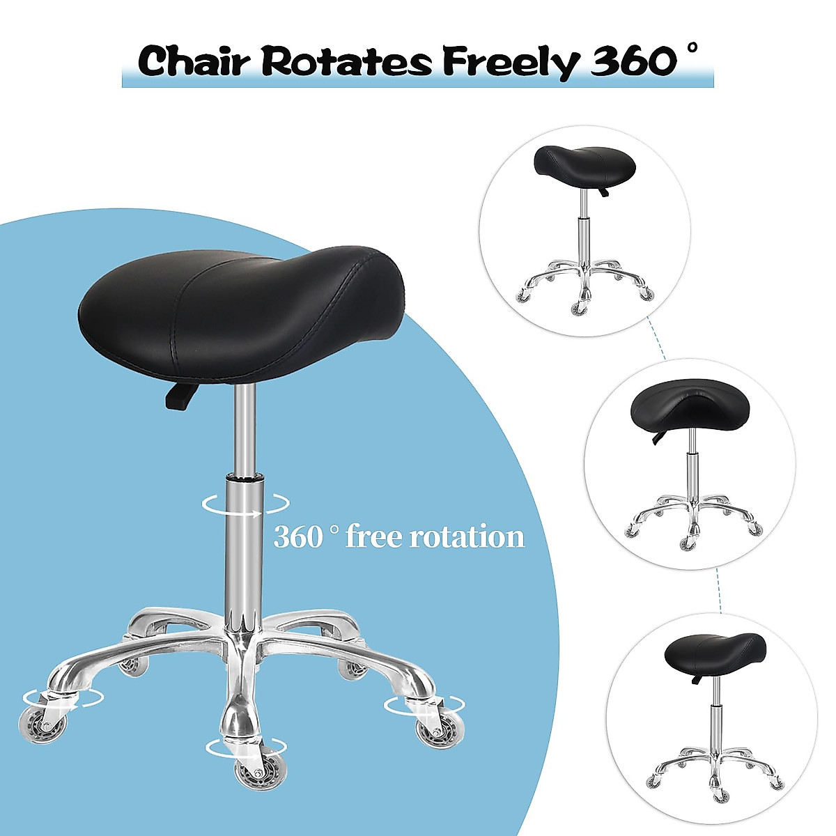 Saddle Stool Rolling Ergonomic Swivel Chair for Dental Office Massage Clinic Spa Salon,Adjustable Hydraulic Stool with Wheels (Without Backrest, Black)