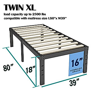 Auroral Twin XL Bed Frame 18 Inches Tall, 3 Inches Wide Wood Slats 2500 Pounds Support for Foam Mattress No Sag, No Slip, No Box Spring Needed/Underneath Storage/Noise Free/Easy Assembly-Black