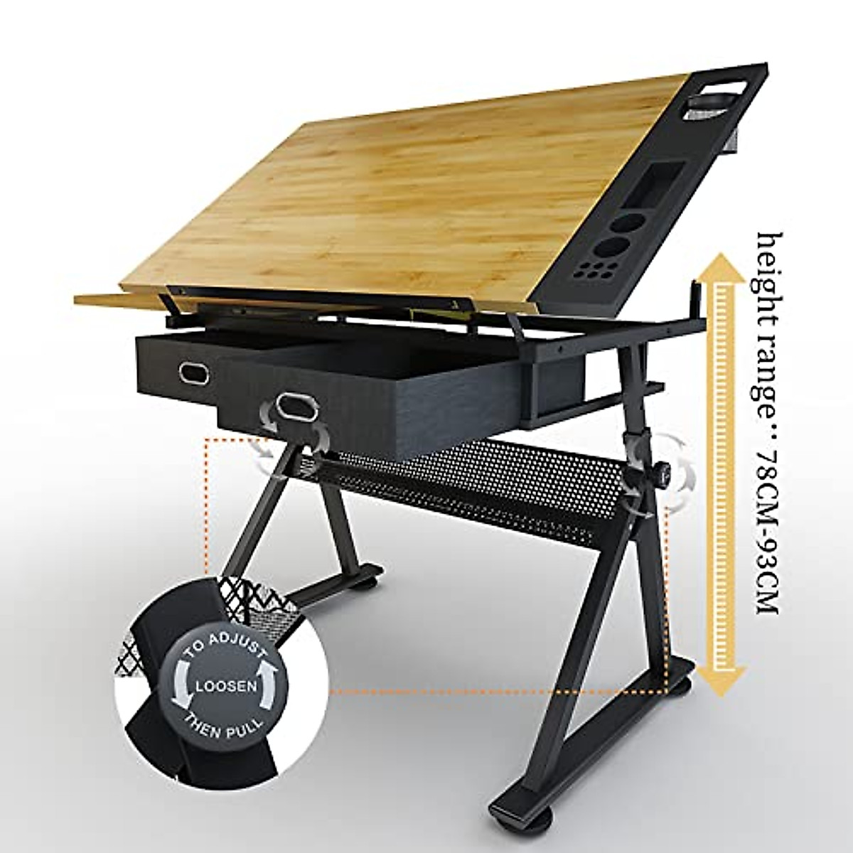 Drafting Desk, Drafting Table, 0-80°Angle Adjustable Drawing Table with 2 Drawers, Art Desk Height Adjustable, Wood Student Study Desk for Painting, Writing, Pen Holder and Art Craft Supplies