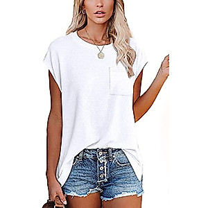 CNFUFEN Womens Tops Short Sleeve Casual Clothes Solid Color Shirts for Women 2023 Ladies Tops Short Sleeve with Pockets Summer Teacher Shirts White S