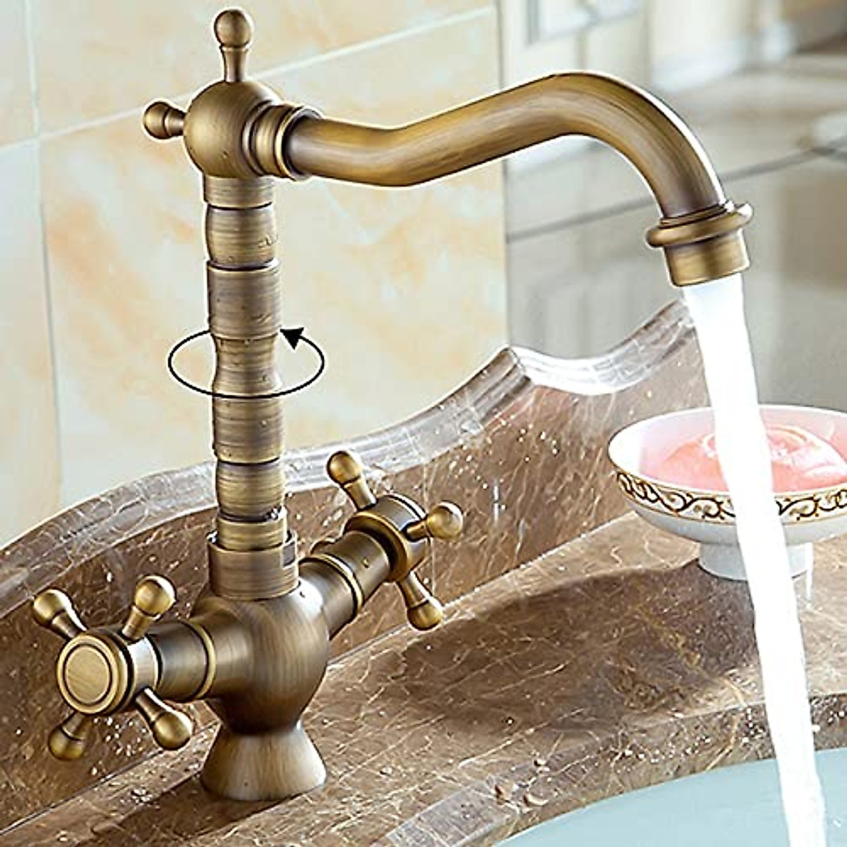 UDWTMTPRT Kitchen Sink Faucet for Bar Farmhouse Commercial, Antique Bronze Bath Sink Faucets, Dual Handles Single Hole Hot Cold Water Mixer Crane, Kitchen Faucet(Style B)