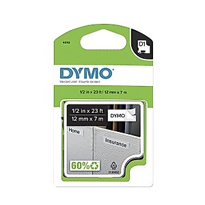 DYMO Authentic D1 Label l DYMO Labels for LabelManager, COLORPOP and LabelWriter Duo Label Makers, Great for Organization, Indoor or Outdoor Use, ½” (12mm), Black Print on White Tape, Water Resistant