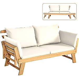 Tangkula Acacia Wood Patio Convertible Couch Sofa Bed with Adjustable Armrest, Outdoor Daybed with Cushion & Pillow, Folding Chaise Lounge Bench Ideal for Porch Courtyard Poolside (White)