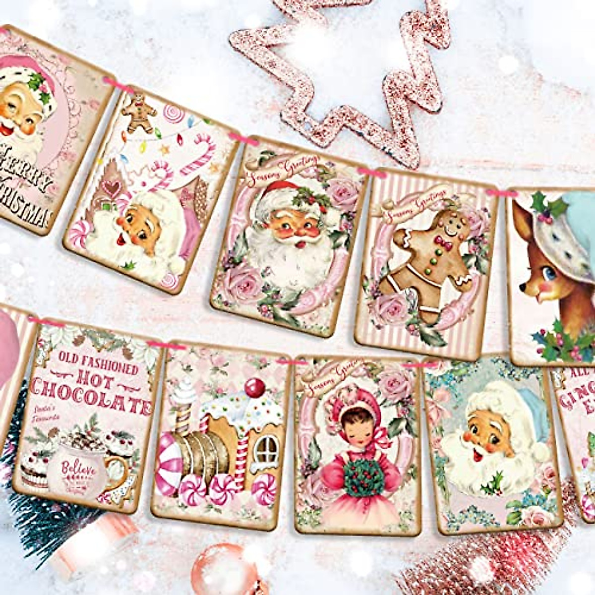 Pink Christmas Decorations Vintage Style Santa Claus Elk Gingerbread Banner Merry Christmas Hanging Banner for Home Office Party Fireplace Christmas Party Supplies