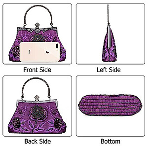 FLO-MOTOR Women's Vintage Style Roses Beaded Sequined Evening Bag Wedding Party Clutch Purse (Purple)