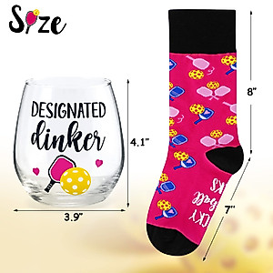 Nefelibata Pickleball Gifts Set Lucky Pickleball Crew Socks 17oz Designated Dinker Stemless Wine Glass Funny Gifts for Women Coach Mom Birthday Christmas Retirement Gift Idea Mother's Day