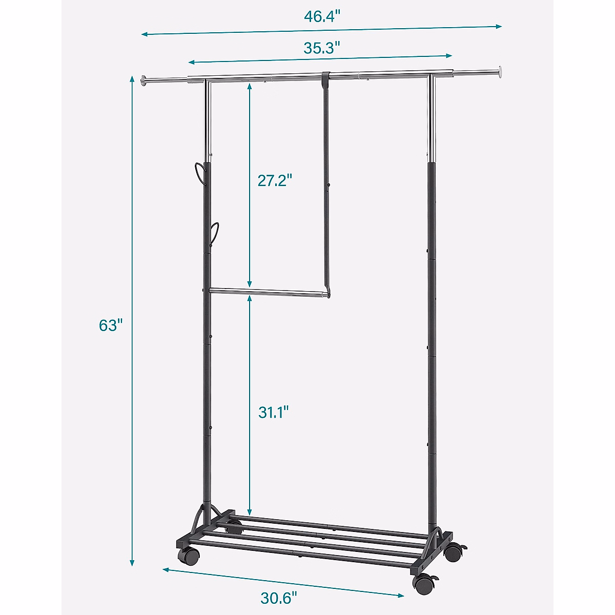 FAVOOSTY Clothing rack adjustable for kids, Heavy Duty Double Rod Design,Garment Rack Rolling, Clothes Organizer on Wheels, Clothes Rack Hanging Dismantle, Extra Space, Pants Scarves Dress Suits Black
