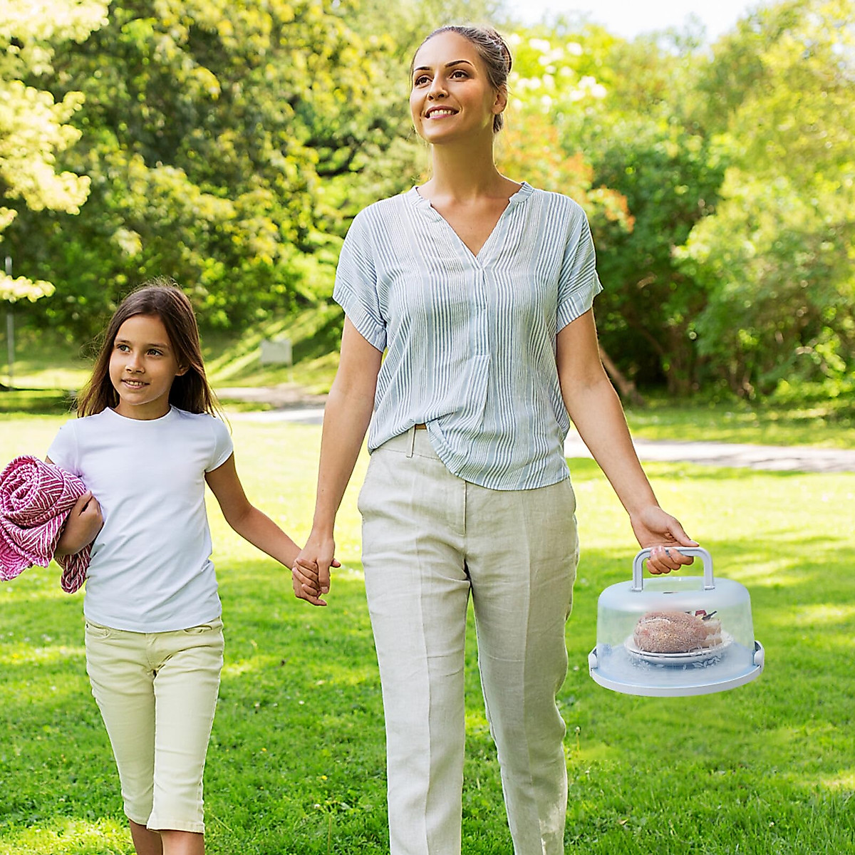 DOITOOL Plastic Cake Carrier with Collapsible Handle for 8inch Cake, Portable Round Cake Container for Transport, Cake Keeper with Cover and Latch for Cakes, Pies, Cupcakes, Muffins Dessert (Blue)