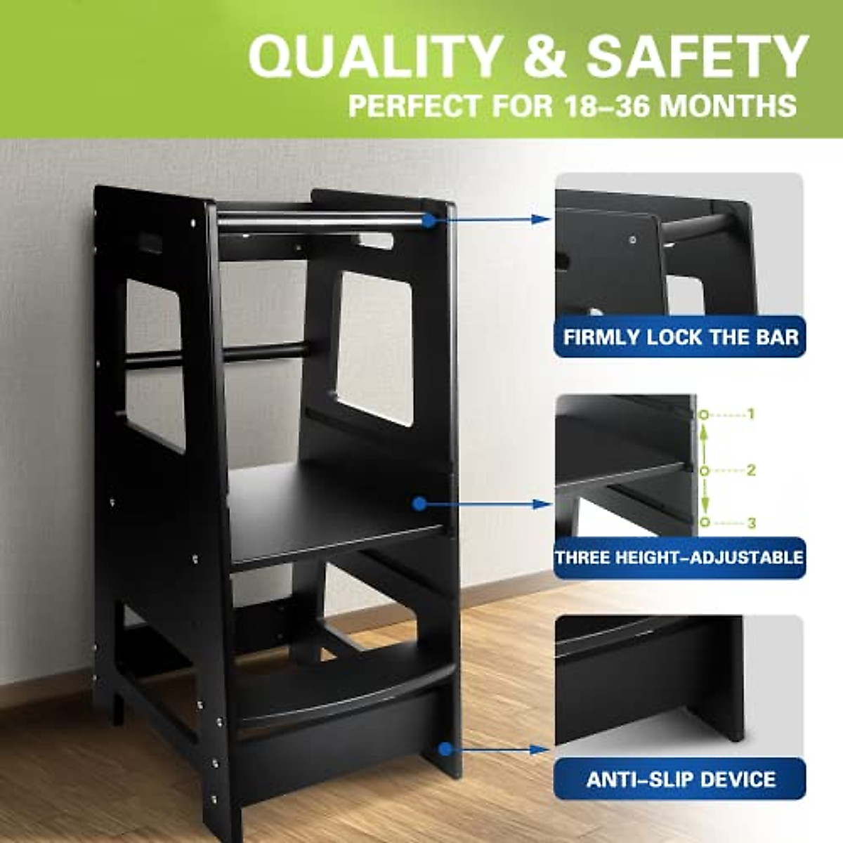 ECOMEX Standing Tower for Toddlers, Toddler Stool for Kitchen Counter Kids Kitchen Step Stool with Safety Rail Toddler Standing Tower with Adjustable Platform for Kitchen Counter, Classic Black