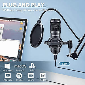 USB Microphone, Professional 192kHz/24Bit Plug & Play PC Computer Condenser Cardioid Mic Kit with Sound Advanced Chipset, for Streaming, Podcast, Studio Recording and Games