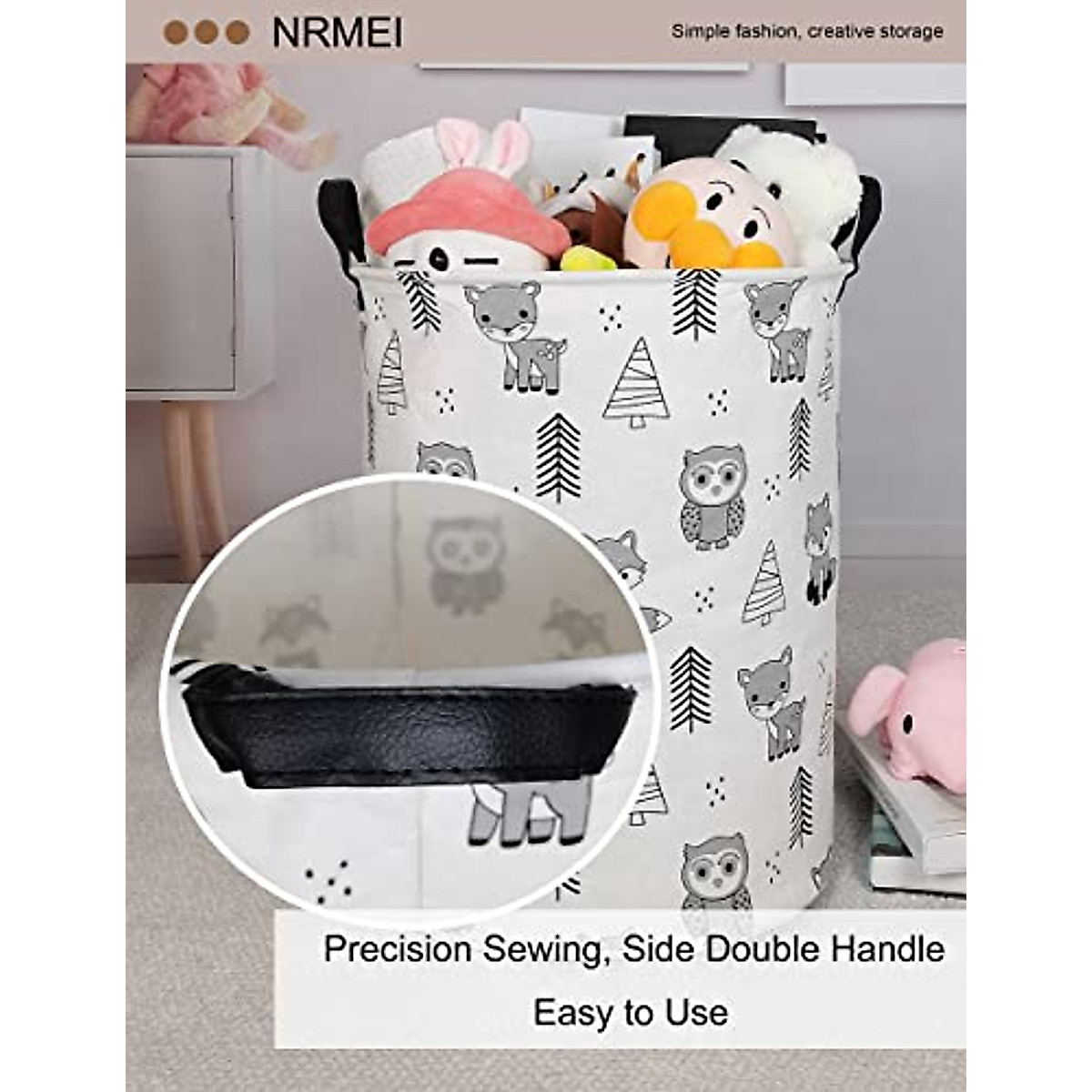NRMEI Round Storage Basket Laundry Foldable Waterproof Coating Nursery Hamper for Living Room Bedroom and Clothes Toys(Round Pine Animal), 19.7 In H x 15.7 D inches, inches