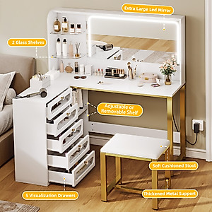 YITAHOME Vanity Desk Set- L Makeup Vanity with Mirror and Lights 3 Lighting Modes, 48" Large Dressing Table with 5 Tempered Glass Drawers with Open Storage Shelves Vanity Table, White