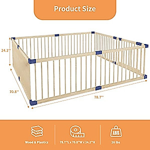 Linor Baby Playpen Kids Fence with Safety gate, 78.7"x70.8" Extra Large Playpen for Babies and Toddlers, Baby Play Yards, Activity Center Playpen for Twins, Children, 100% Natural Wood