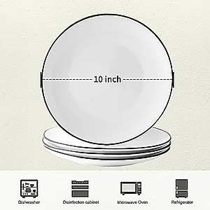 YOLIFE 10 inch Dinner Plate, Set of 4 White and Black Trim Porcelain Plates
