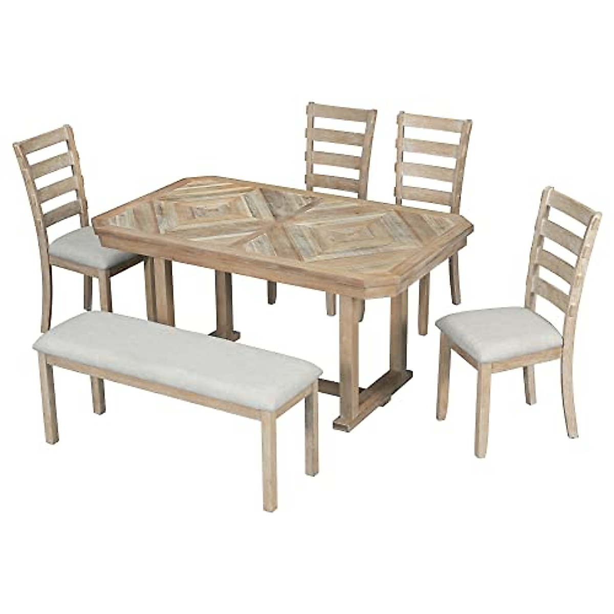 MACHOME 6-Piece Rubber Dining Table Set with Beautiful Grain Pattern Tabletop Solid Veneer and Soft Cushion, for Kitchen, Living, Guest Room, Home Bar, Natural Wood Wash