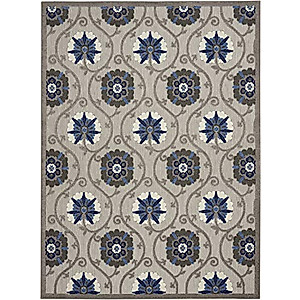 Nourison Aloha Indoor/Outdoor Grey/Blue 7'10" x 10'6" Area Rug, Easy Cleaning, Non Shedding, Bed Room, Living Room, Dining Room, Deck, Backyard, Patio (8x11)