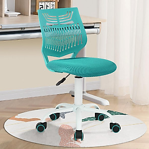 FurnitureR Desk Chair Armless Home Office Task Chair with Mesh Padded Cushion Swivel Study Chair with Rolling Wheels for Kids Teens Children, Turquoise
