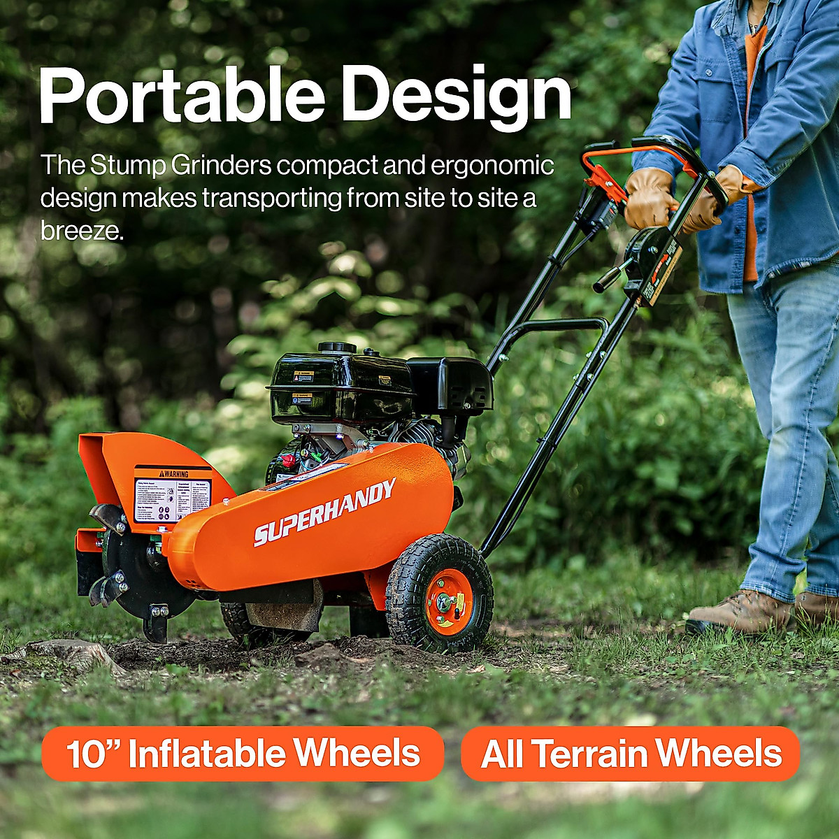 SuperHandy Gas Stump Grinder 9HP Engine - Direct Belt Drive, 12-inch Cutting Performance, 6 Carbide Teeth - Compact & Lightweight