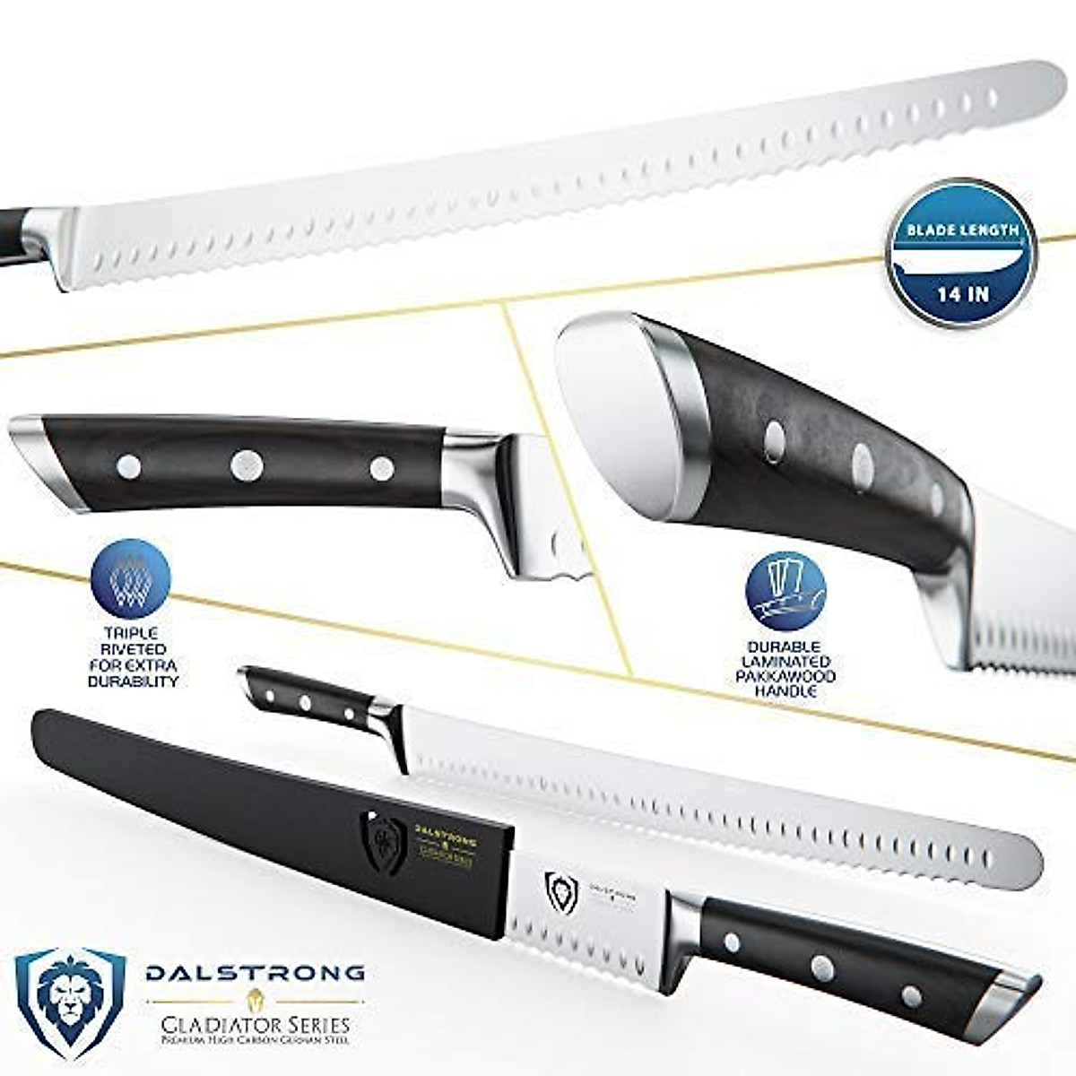 Dalstrong The Gladiator Series Elite Serrated Slicing & Carving Knife 14" Bundled with Premium Whetstone Kit #1000/#6000 Grit