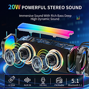 Portable Bluetooth Speaker, IP7 Waterproof Wireless Speaker with 20W Loud Stereo Sound, FM Radio, RGB Lights, Deep Bass, 100ft Bluetooth Range, BT5.1, Mic, AUX, Outdoor Speaker for Home, Travel