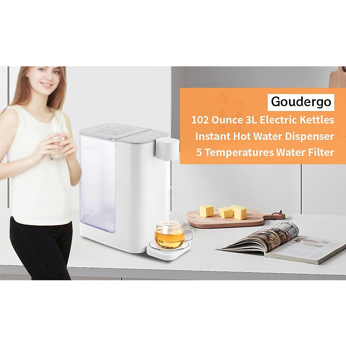 Goudergo 102 Ounce 3L Electric Kettles,Instant Hot Water Dispenser,Adjustable 5 Temperatures Water Filter for Including Homes & Offices & Schools & Other Places,Etc (white)