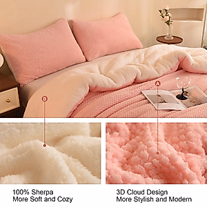 LLanCL 3D Jacquard Design Comforter Set, Ultra-Soft Warm Queen Size Sherpa Fur Plush 3-Pieces Sets Luxury Cozy Bedding with 2 Pillowcases (90"x90", Pink)