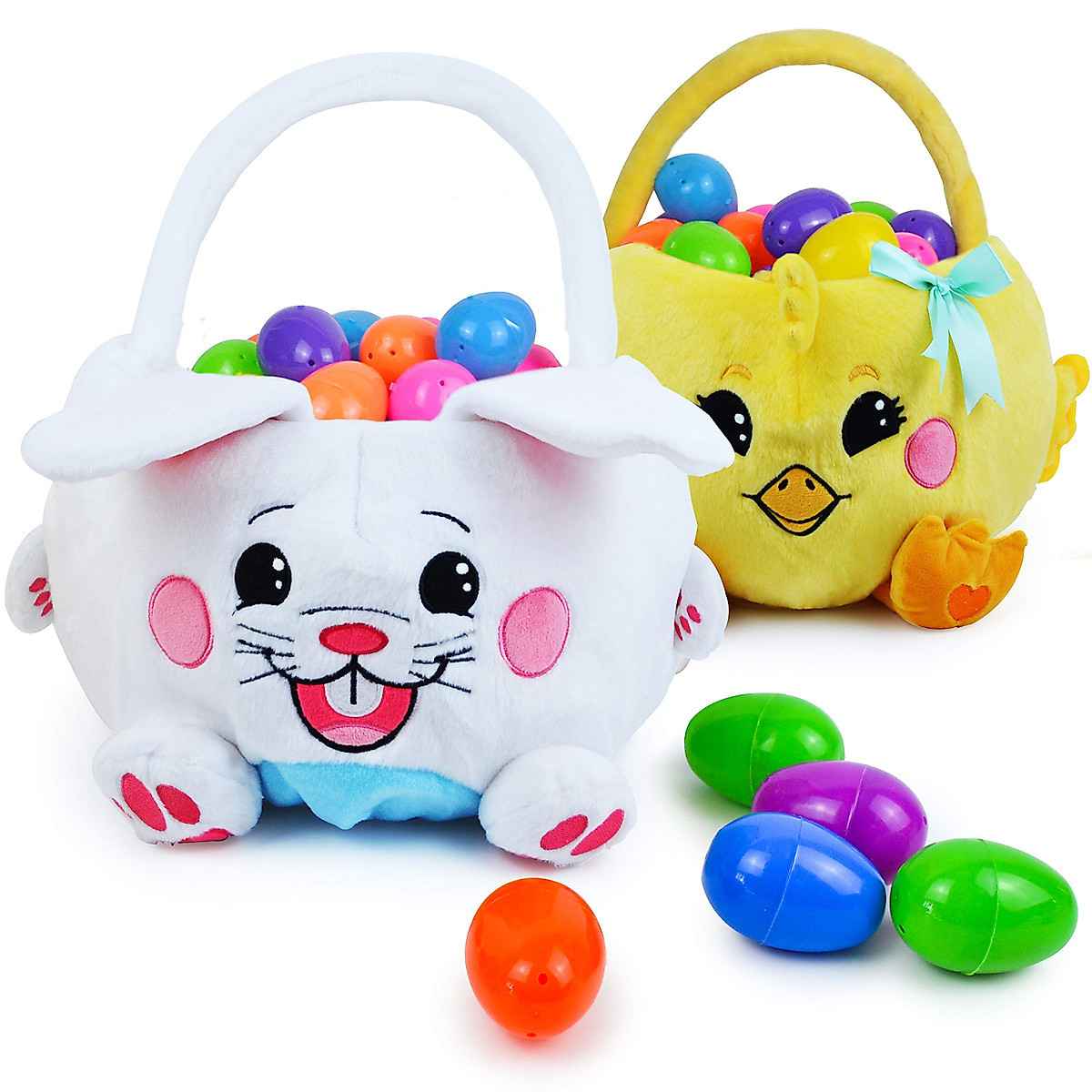JOYIN 2 Packs Easter Plush Basket Set for Easter Eggs Hunt, Easter Bunny Basket Gift Baskets Bags for Kids, Kids Easter Party Favor (Yellow, White)