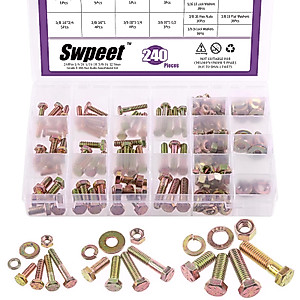 Swpeet 240Pcs 1/4-20 5/16-18 3/8-16 12 Sizes Grade 8 USS Nut Bolts Assortment Kit, Heavy Duty Bolt Nut and Washer Assortment Coarse Thread Hex Head Cap Screws Bolt Flat and Lock Washer