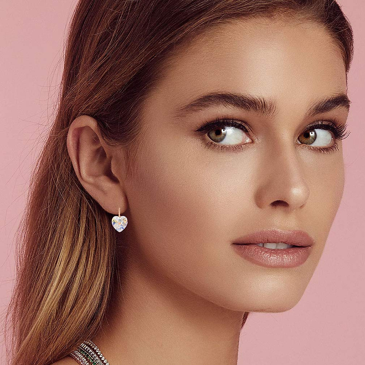 Austrian Crystal Heart Drop Leverback Earrings for Women 14K Rose Gold Plated Hypoallergenic Jewelry (Aurora Borealis)