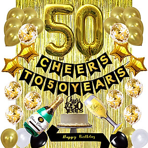 Gold 50th Birthday Decorations kit- Cheers To 50 Years Banner Balloons and Cake Topper, Happy Birthday Sash, Gold Tinsel Foil Fringe Curtains, for Birthday&Anniversary Decorations