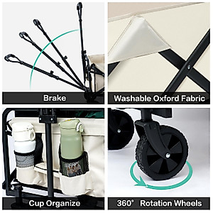 Collapsible Folding Wagon, Outdoor Beach Wagon, Collapsible Wagon Heavy Duty with Two Drink Holders, Wagon Cart with Wheels Foldable for Camping Shopping Sports