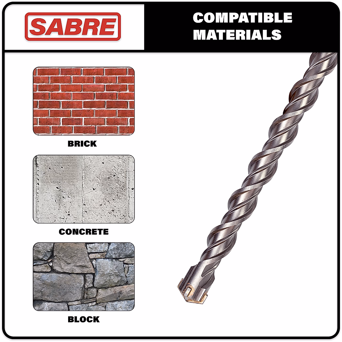 Sabre Tools 1-1/8 Inch x 18 Inch SDS Plus Rotary Hammer Drill Bit, Carbide Tipped for Brick, Stone, and Concrete (1-1/8" x 16" x 18")
