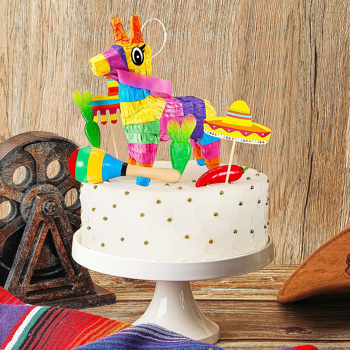 15 Pcs Fiesta Cupcake Topper Mexican Theme Cake Decoration Cactus Piñata Taco Party Decorations with Wooden Sand Hammer and Foam Chili Decorations for Mexican Fiesta Party Baby Shower(Cute Style)