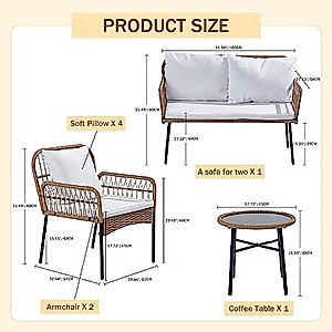 Homsido Patio Furniture Set 4 Pieces Small Boho Outdoor Rattan Woven Chairs Wicker Sofa Garden Conversation Balcony Bistro Sets for Yard,Pool or Backyard,Front Porch(Beige Wicker White Cushions)