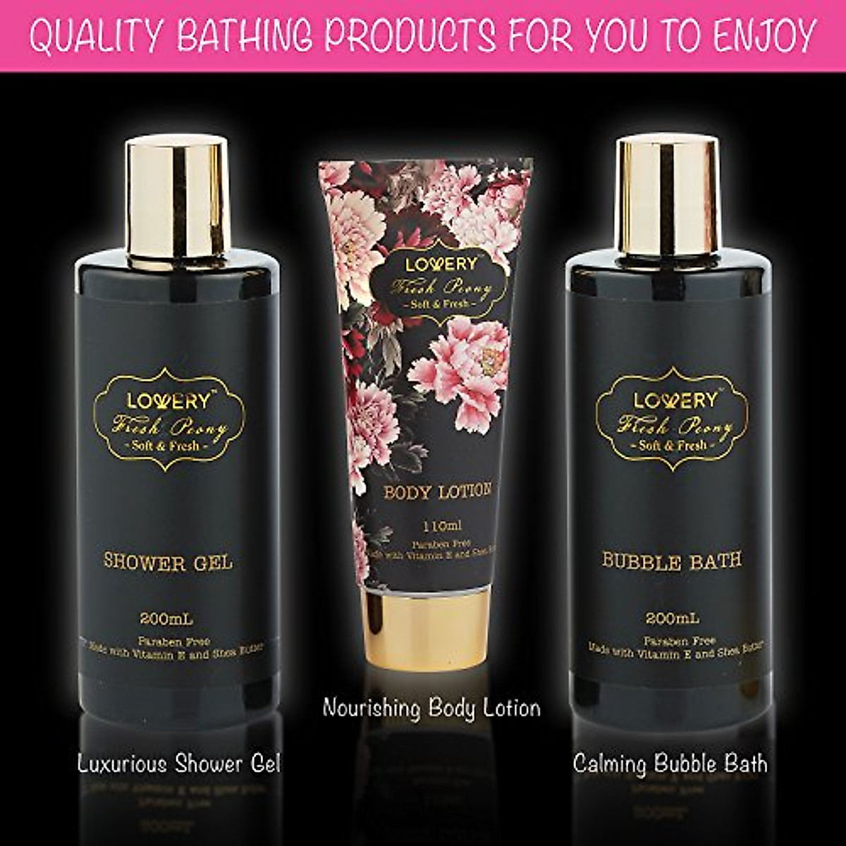 Valentines Day Home Spa Gift Basket, 8pc Bath & Body Set For Women and Men, Fresh Peony Scent - Contains Shower Gel, Bubble Bath, Lotion, Bath Salt, Body Scrub, Bath Soap, Back Scrubber & Cosmetic Bag