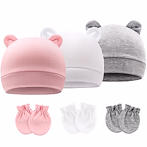BQUBO Newborn Baby Hats Mittens Set Hospital Hat Beanie Bear Ears Preemie Infant Cotton Caps Gloves No Scratch Mittens for Baby Boys Girls 0-3 Months