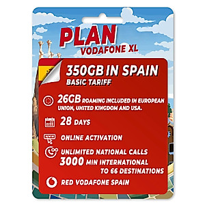 Vodafone Spain XL Prepaid SIM Card 350GB and 26GB in The Rest of Europe, UK, Turkey | 1600 Minutes to The US, Canada and to 66 Other Countries | Activation only at www tourtech .Shop
