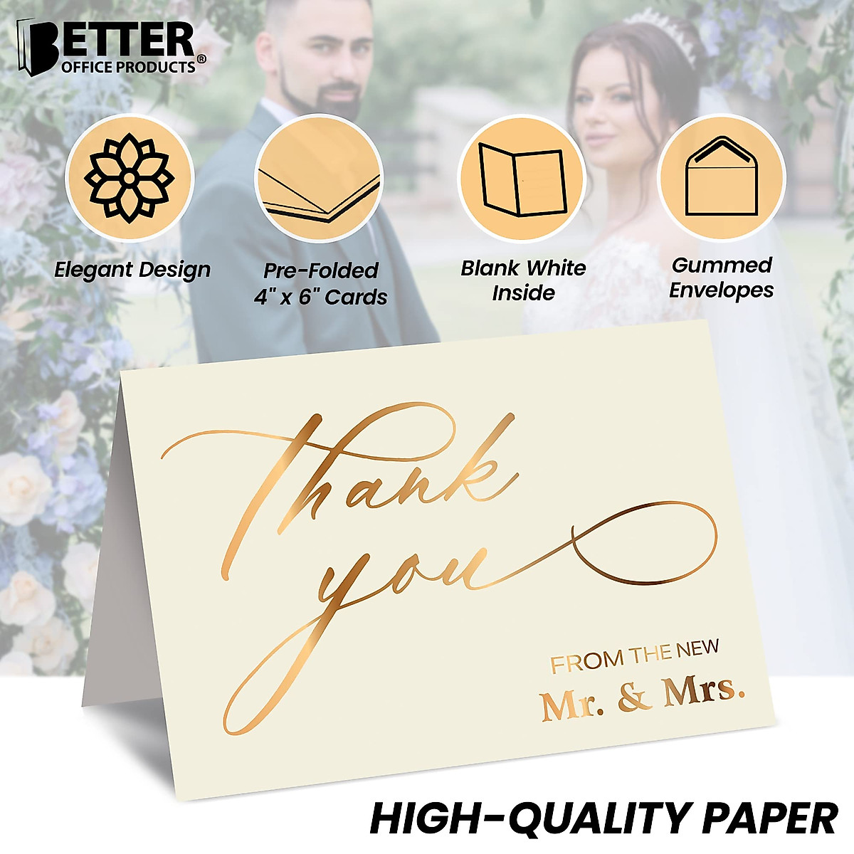 Better Office Products 50 Pack Wedding Thank You Cards in Metallic Gold with Envelopes, Thank You From The New Mr and Mrs, 4 x 6 Inch, Blank Cards, 50 Count Boxed Set