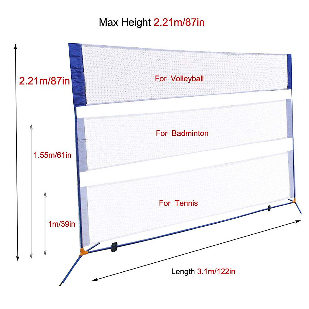 Portable Height Adjustable Badminton Volleyball Tennis Net Set Multi-Purpose Sports Equipment with Poles Stand and Carry Bag for Outdoor Garden Beach