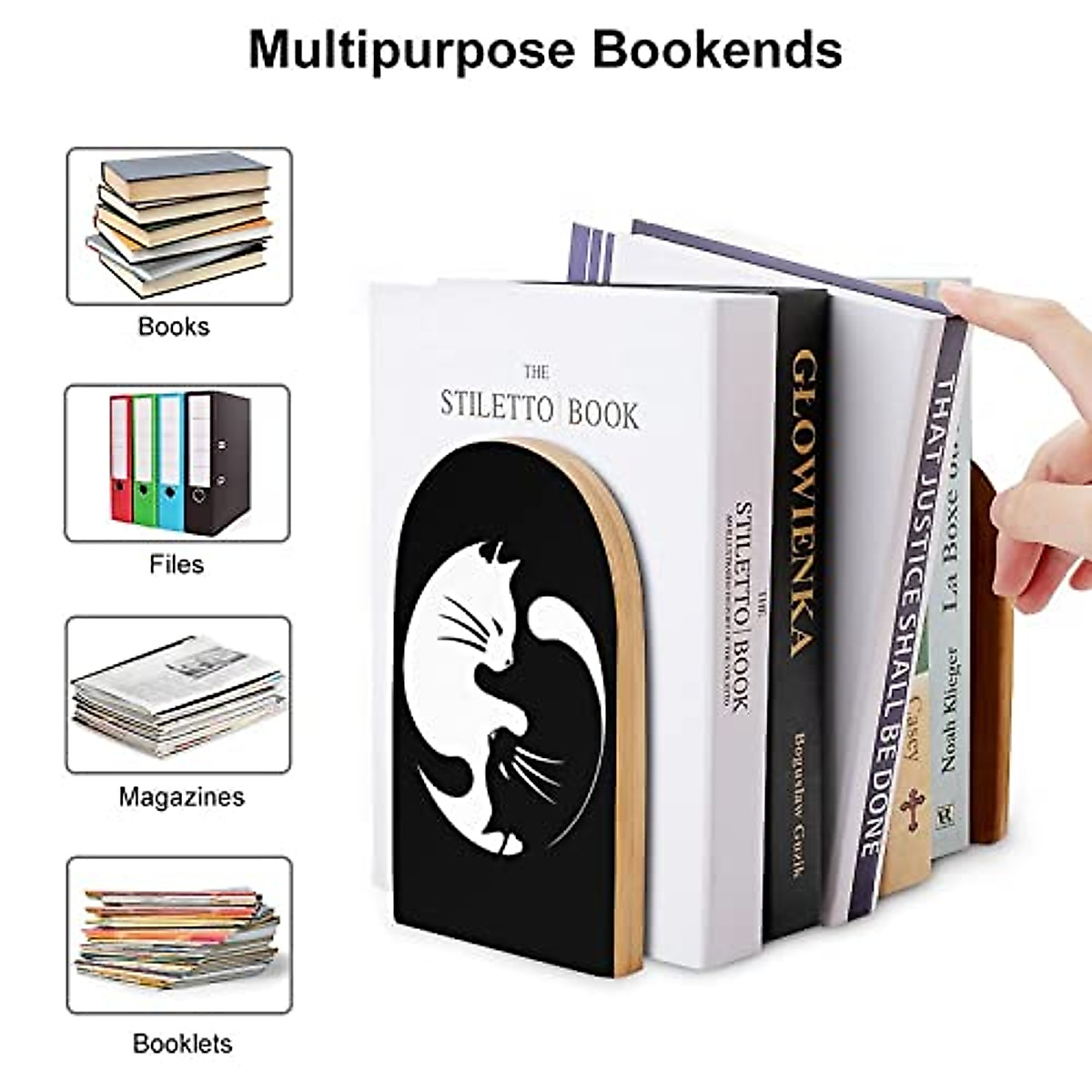 Yin Yang Lucky Cat Bookends Heavy Duty Book Stand 1 Pair for Home Office Shelves Decorative