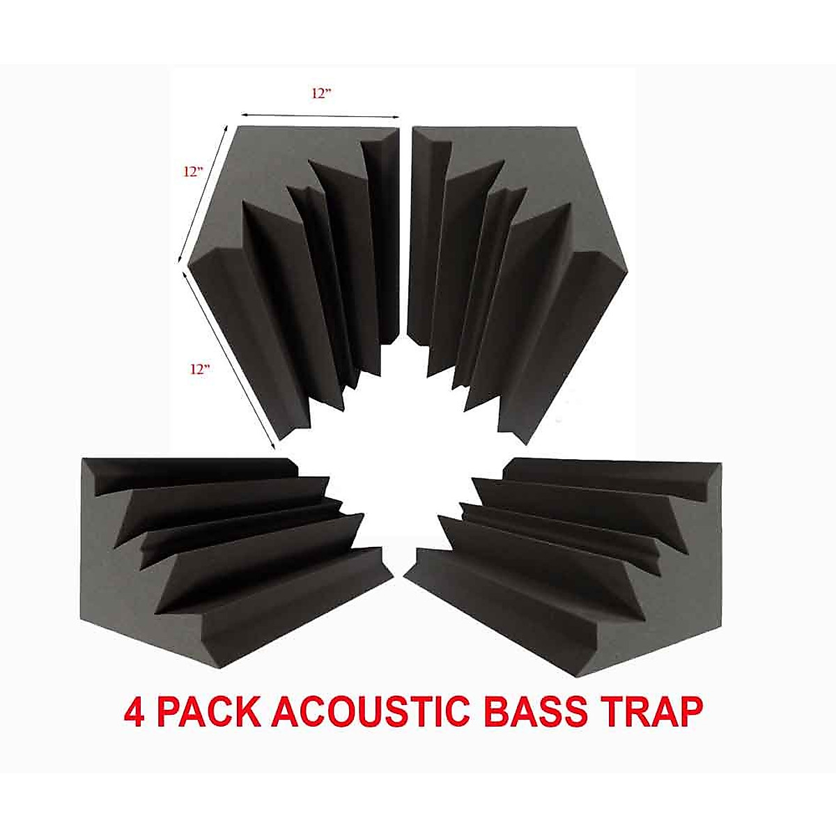 Acoustic Foam XL Bass Trap Studio Soundproofing Corner Wall 12" X 12" X 12" (4 PACK) - Color: Charcoal