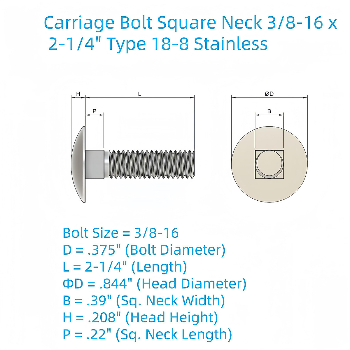 (10pc) Stainless Steel Carriage Bolt (3/8"-16 Coarse Thread x 2-1/4" Length) by SANTIE